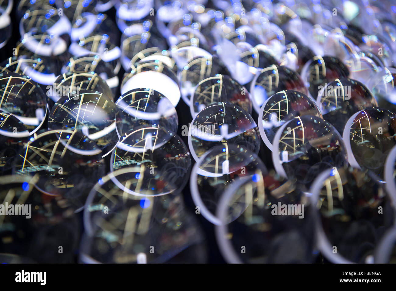 Lenses are on display at the 'Opti' international trade show for optics ...