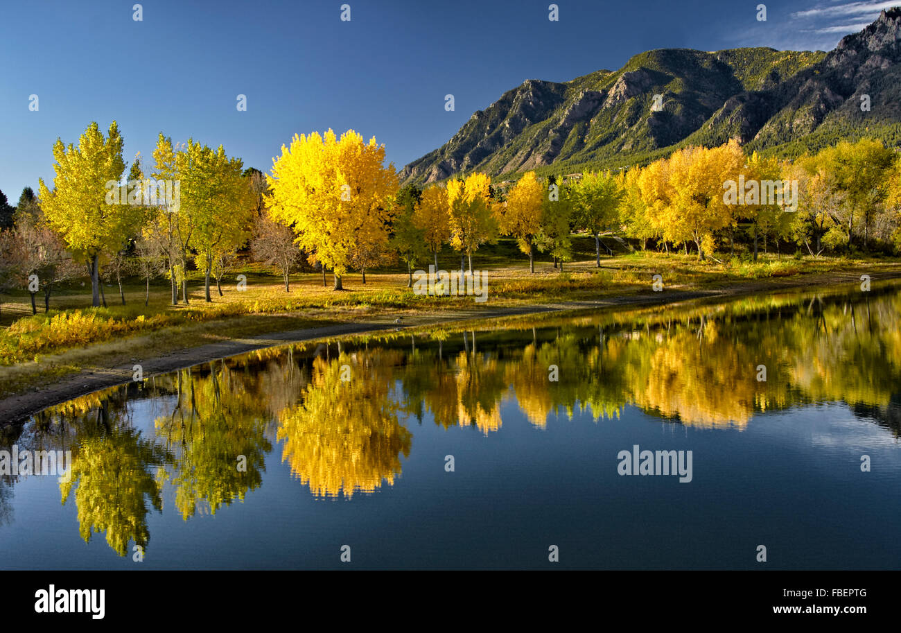 Autumn landscape with yellow trees, sky, mountain and reflections Stock ...