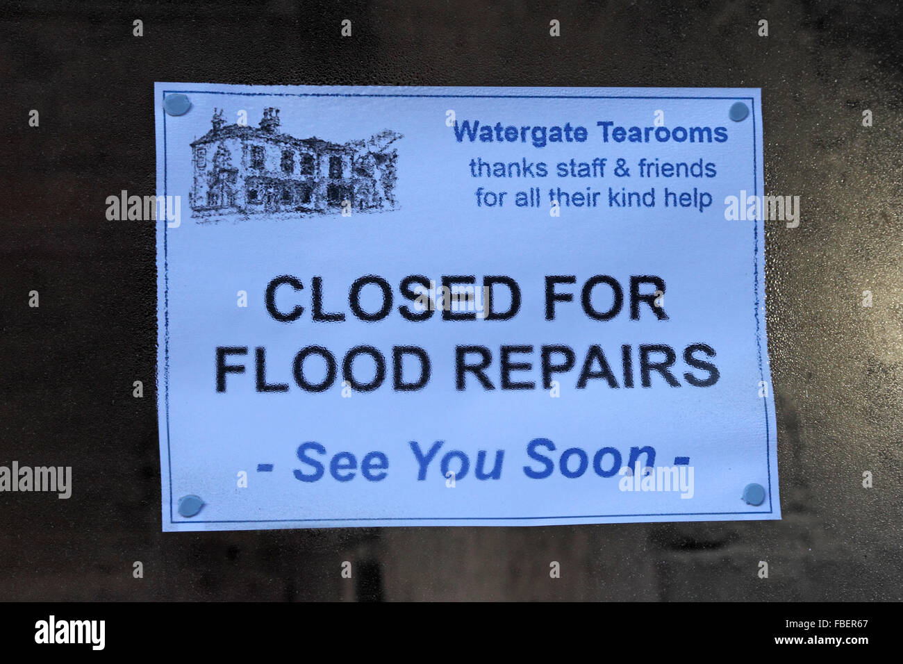 Hebden Bridge, UK. 15th Jan, 2016. Sign in flood damaged cafe in Hebden ...