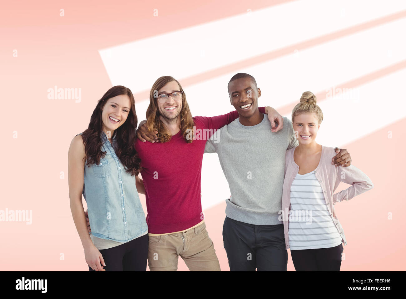 Composite image of portrait of smiling business team with arms around ...