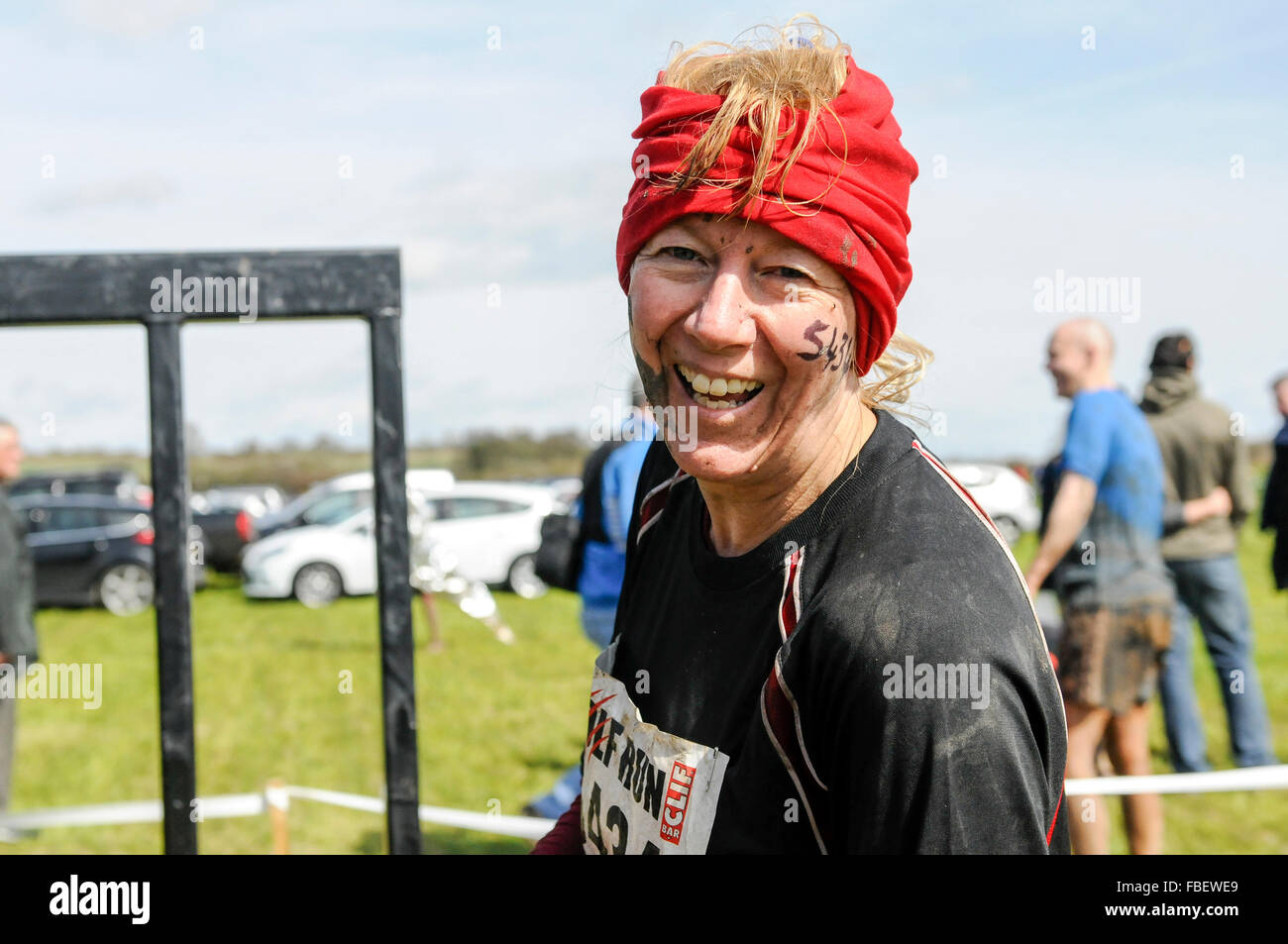 Smiling 30s 40s female runners at obstacle course race, UK Stock Photo ...