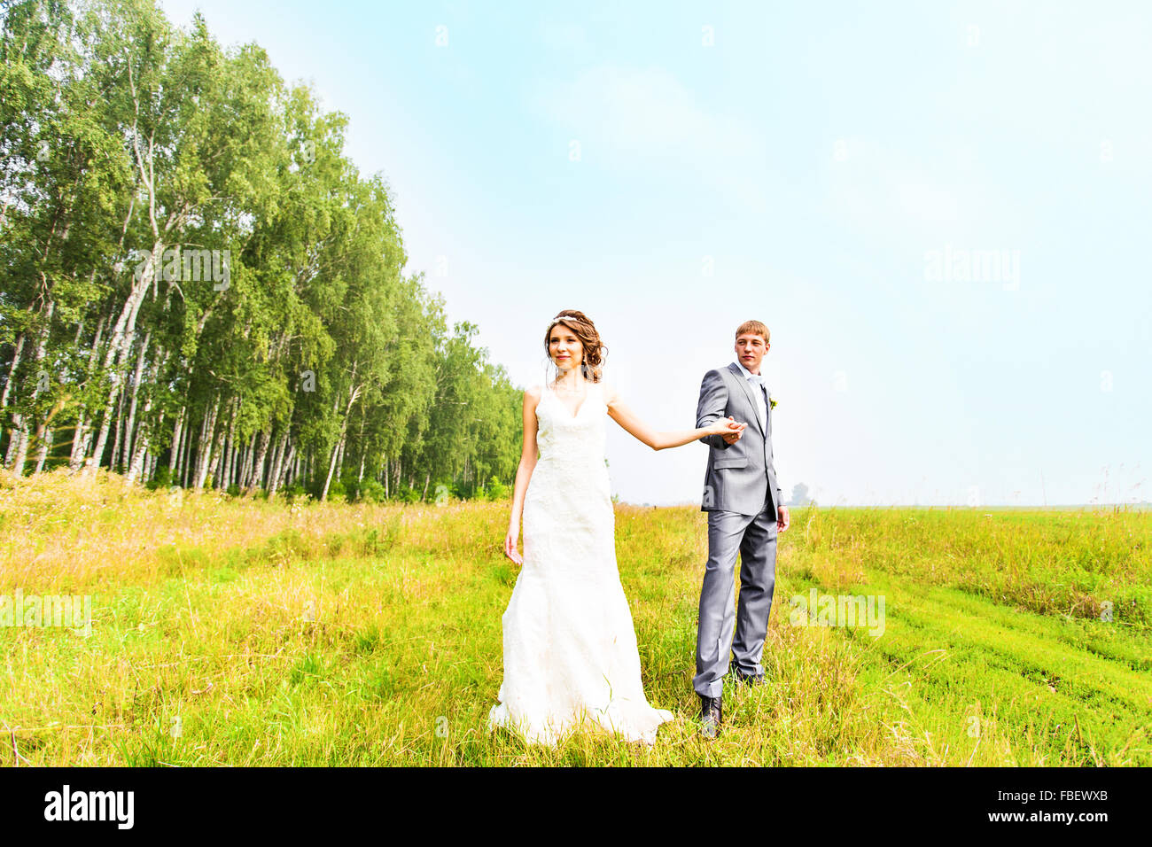 young wedding couple, beautiful bride with groom portrait, summer ...