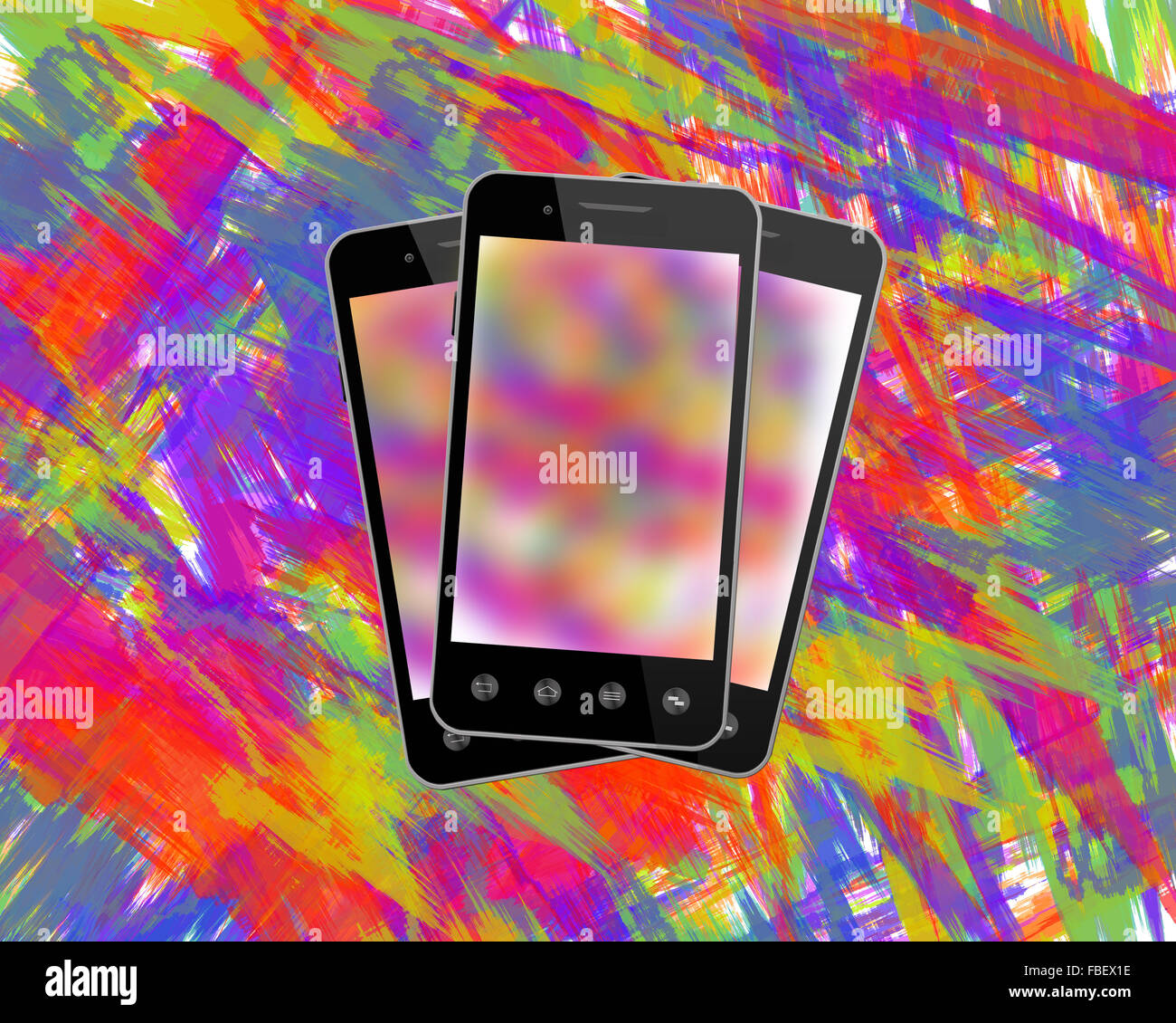 three modern smart-phones on the colored and bright background Stock ...