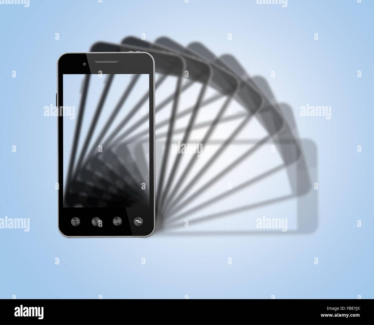 black smart-phone with its unusual shadows on the light blue background ...