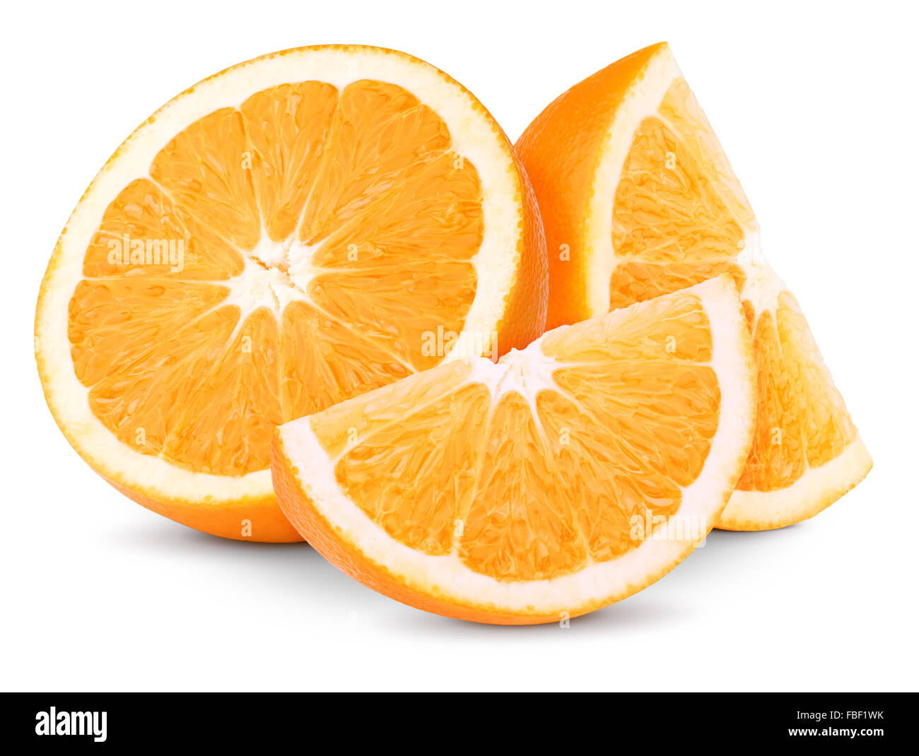 Orange fruit half and two segments or slices isolated on white ...