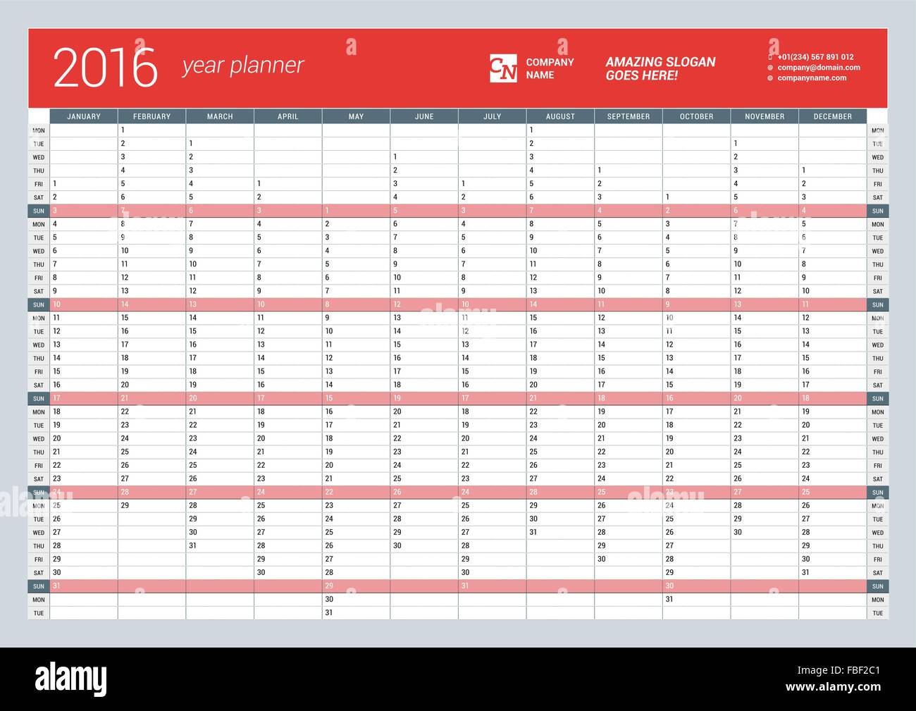 Yearly Wall Calendar Planner Template for 2016 Year. Vector Design ...