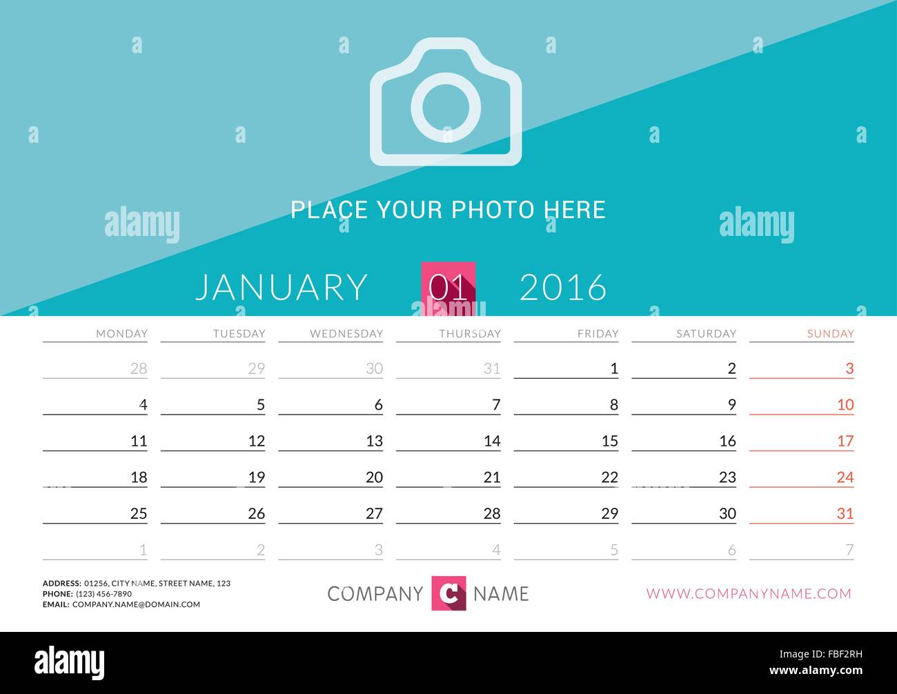 Desk Calendar 2016. Vector Print Template. January. Week Starts Monday ...