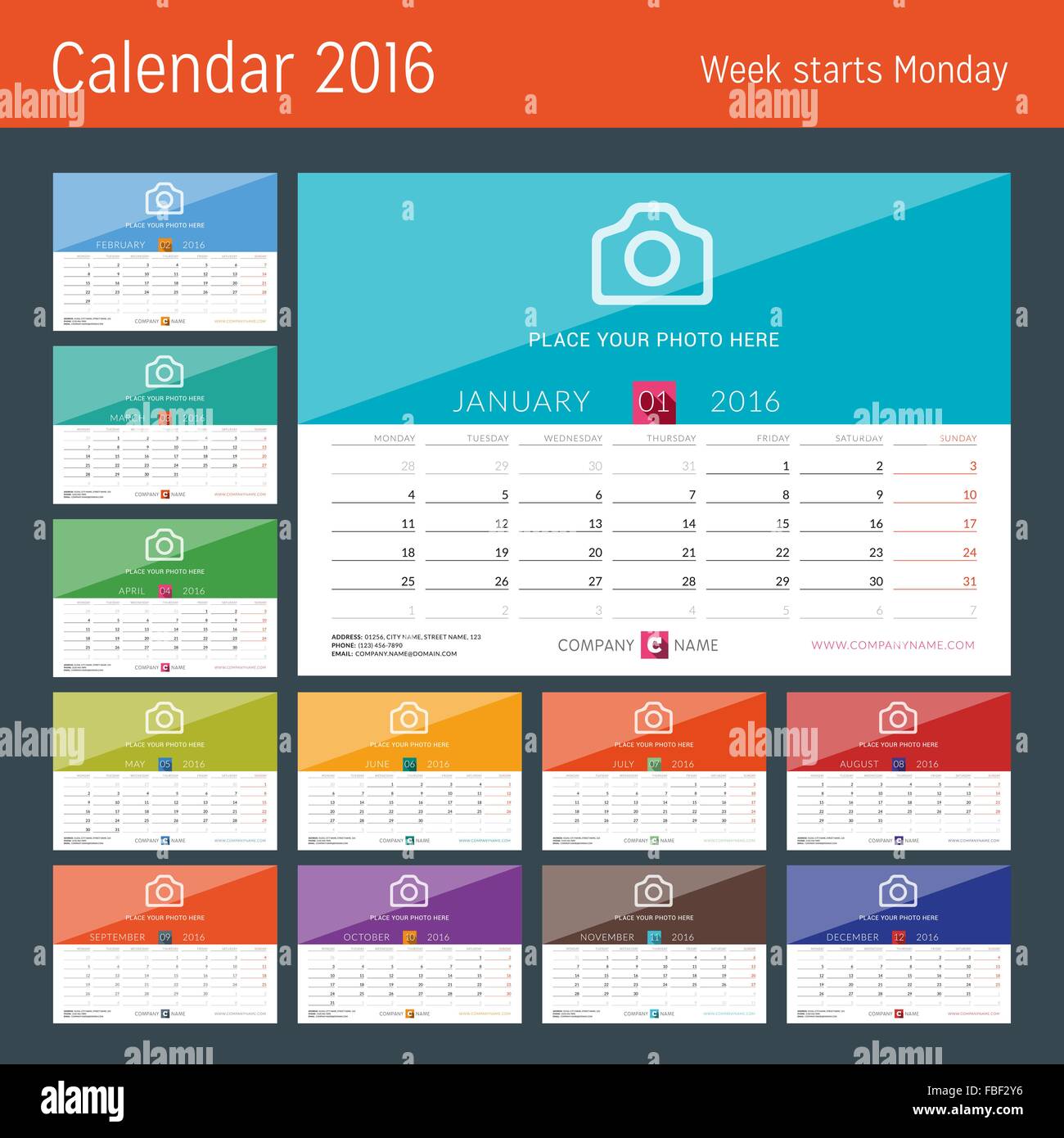 Desk Calendar 2016. Vector Print Template. Week Starts Monday. Vector ...