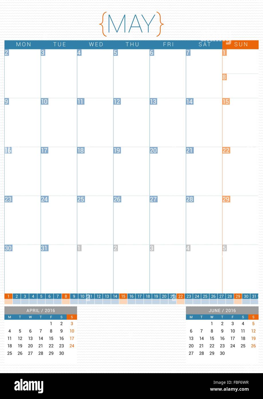 Calendar Planner 2016 Design Template. May. Week Starts Monday Stock ...