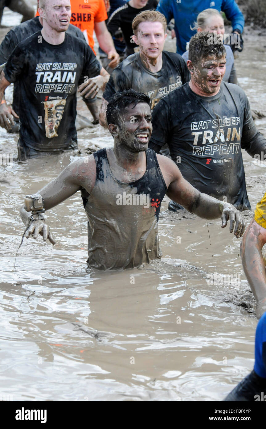 Male and female runners wading through mud lake at obstacle course race ...