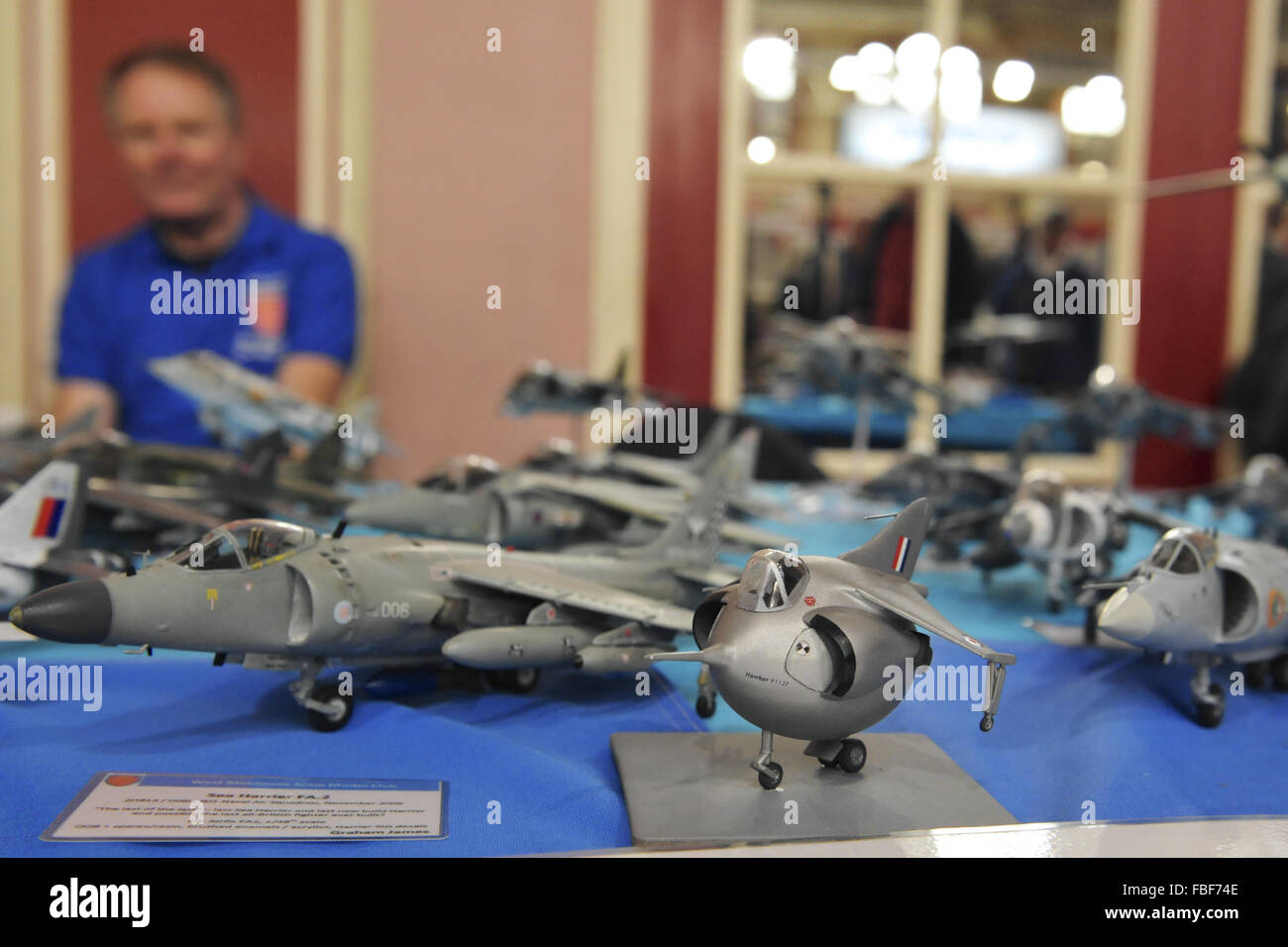 London, UK. 15th Jan, 2016. A display of Harrier Jump Jet models on ...