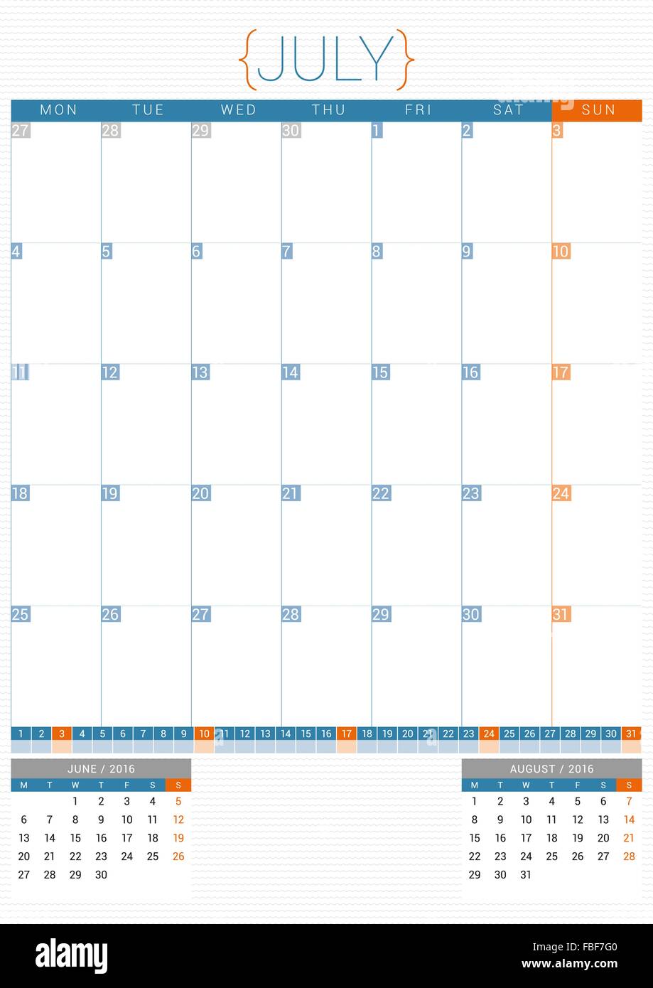Calendar Planner 2016 Design Template. July. Week Starts Monday Stock ...