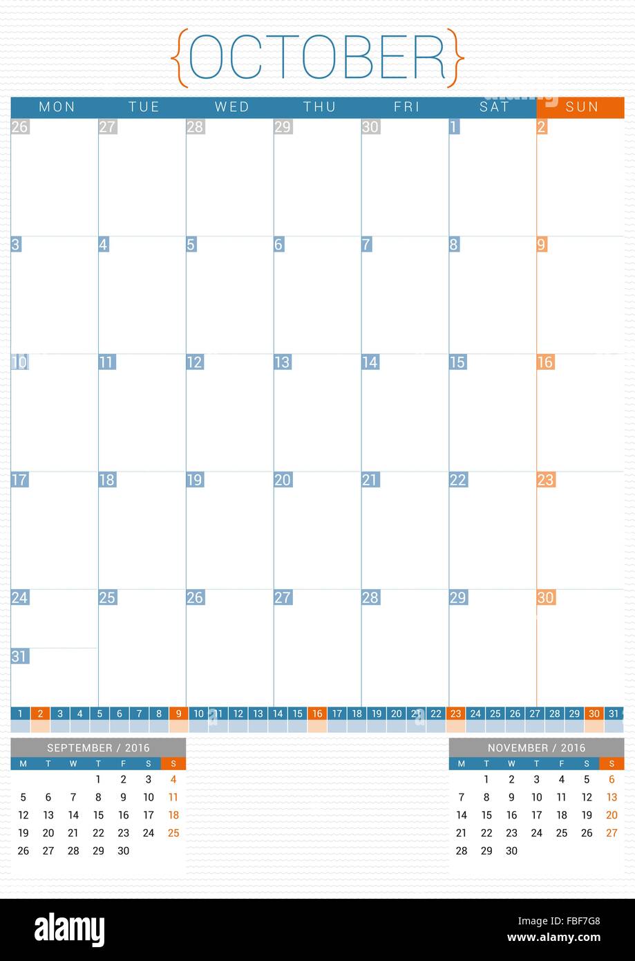 Calendar Planner 2016 Design Template. October. Week Starts Monday ...