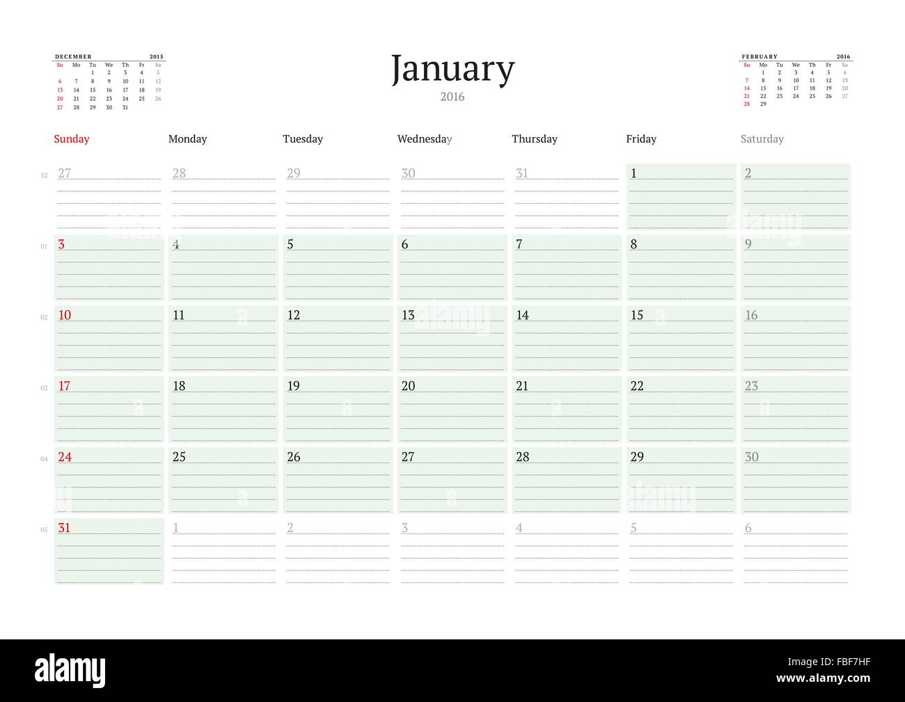 Monthly Calendar Planner 2016. Vector Print Template. January. Week ...