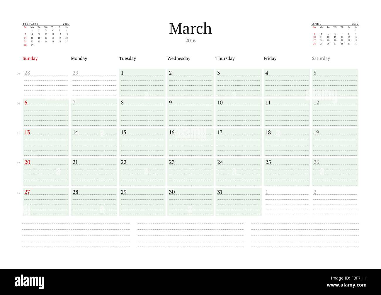 Monthly Calendar Planner 2016. Vector Print Template. March. Week ...
