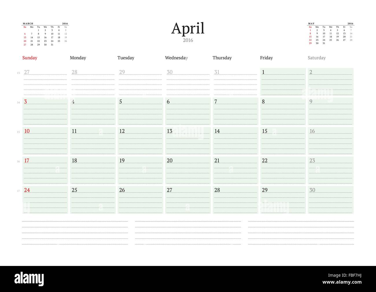 Monthly Calendar Planner 2016. Vector Print Template. April. Week ...