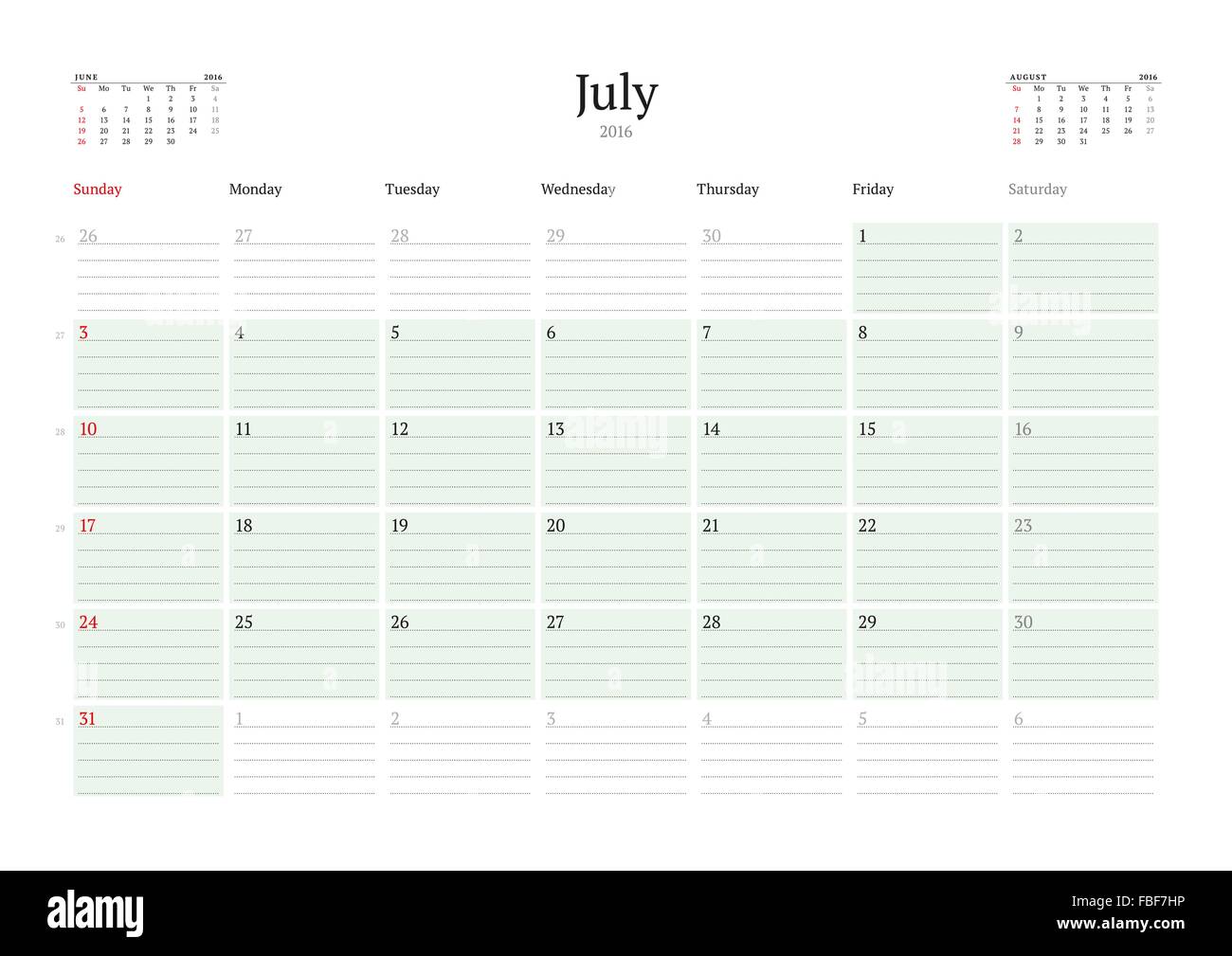 Monthly Calendar Planner 2016. Vector Print Template. July. Week Starts ...