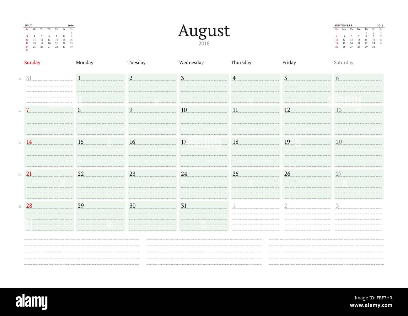 Monthly Calendar Planner 2016. Vector Print Template. August. Week ...