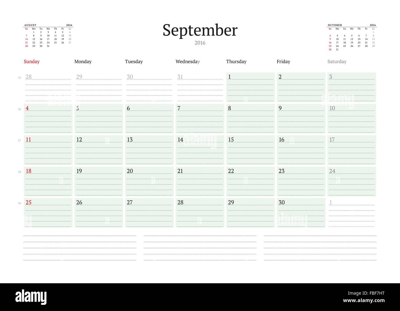 Monthly Calendar Planner 2016. Vector Print Template. September. Week ...