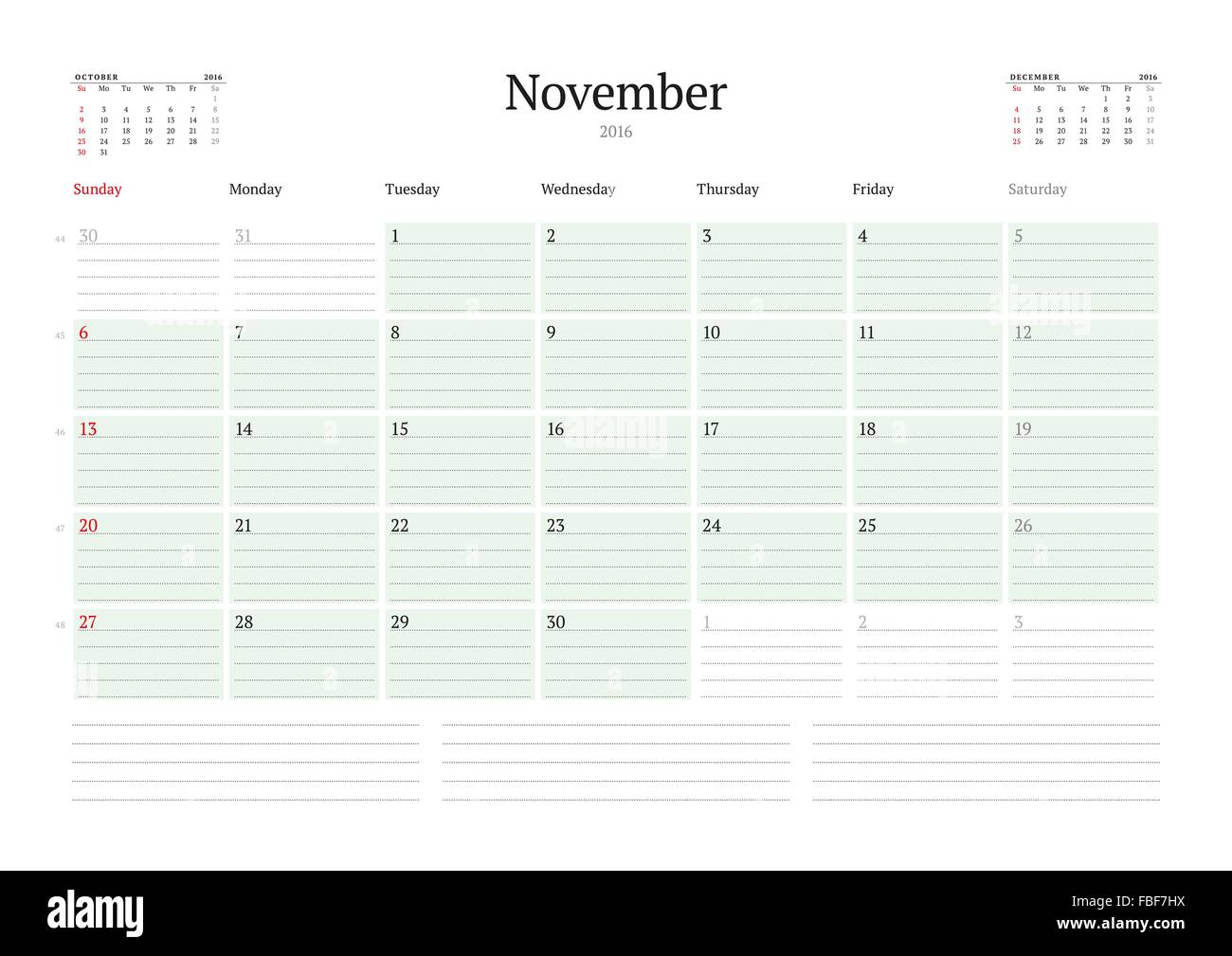 Monthly Calendar Planner 2016. Vector Print Template. November. Week ...