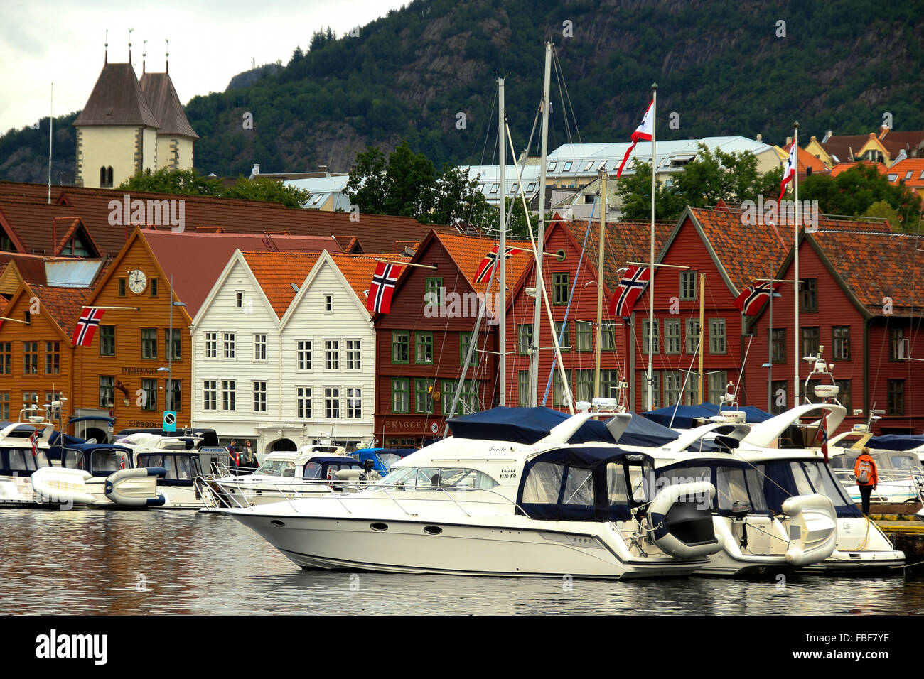 View across Bergen Harbour and Bryggen Wharf, from the Strandkaien ...