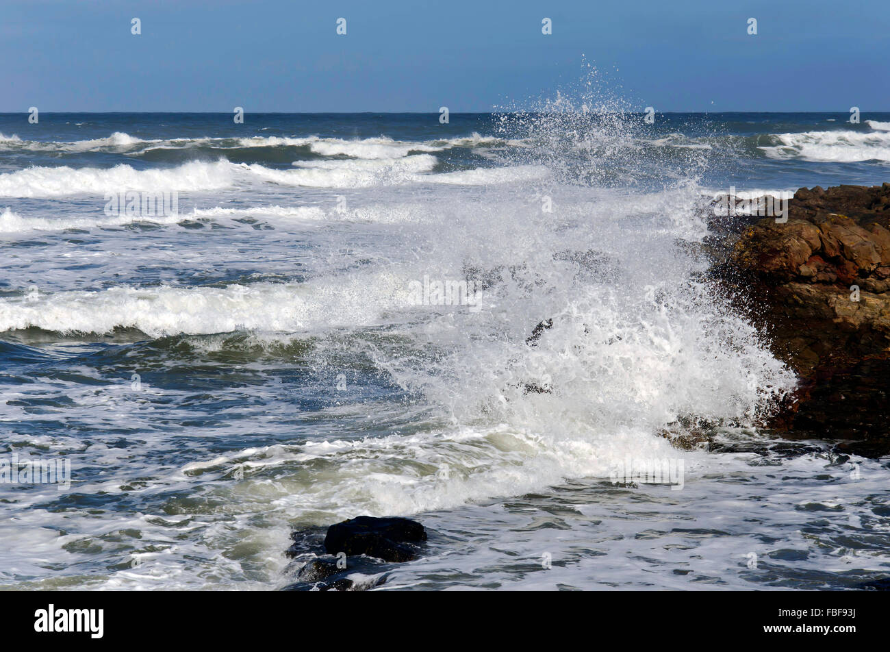 Waves breaking against rocks in the sea near Dunbar, East Lothian ...