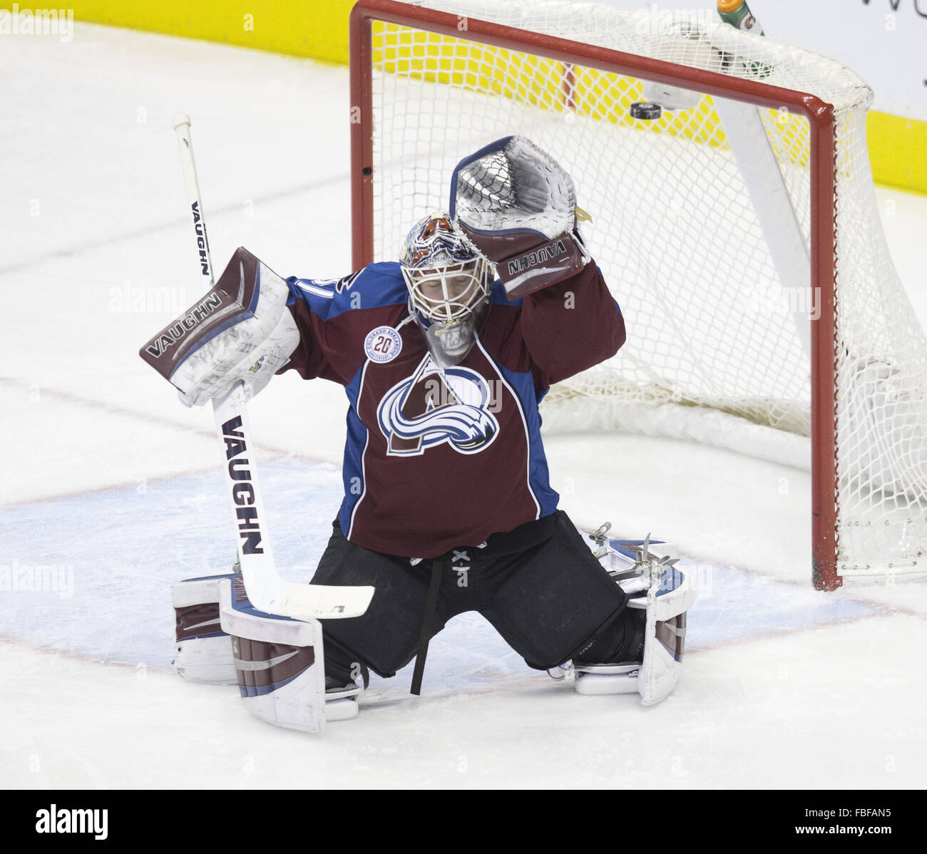 Denver, Colorado, USA. 14th Jan, 2016. Avalanche G CALVIN PICKARD makes ...