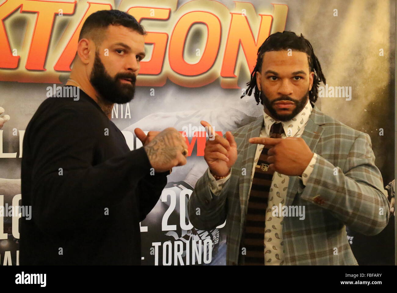 Torino, Italy. 15th Jan, 2016. Alessio Sakara (L) and Brian Rogers (R) poses for the camera at ...