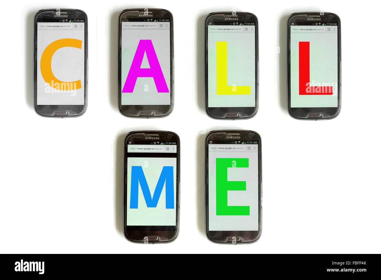 Call Me written on the screens of smartphones photographed against a ...