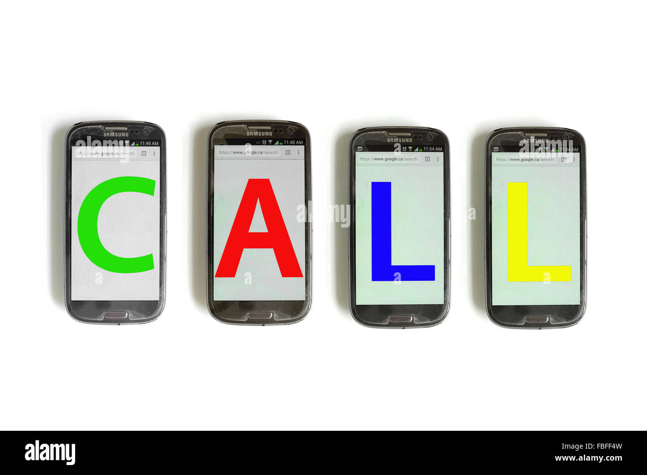 Call written on the screens of smartphones photographed against a white ...