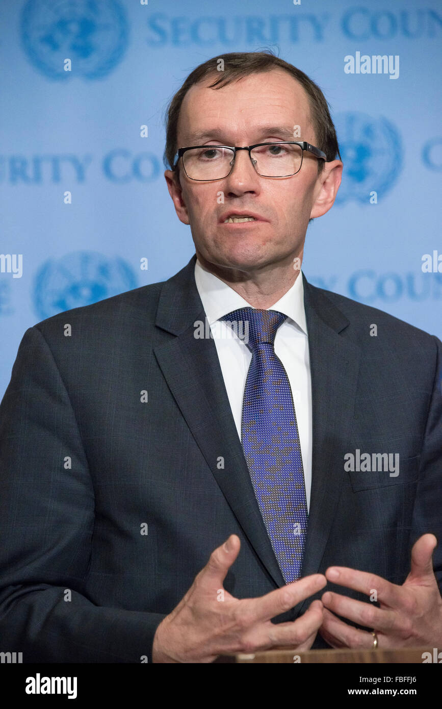 New York, United States. 15th Jan, 2016. Espen Eide addresses the press ...
