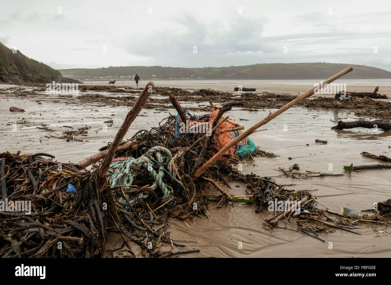 Detritus washed up on Llansteffan Beach after high tide following ...