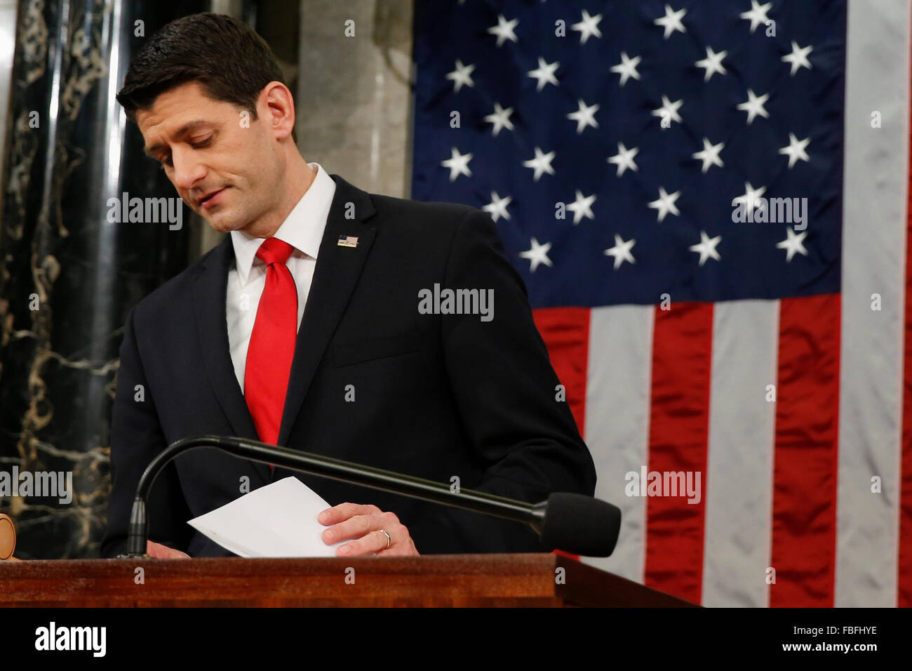 Speaker Paul Ryan of Wisconsin looks over his notes before President ...