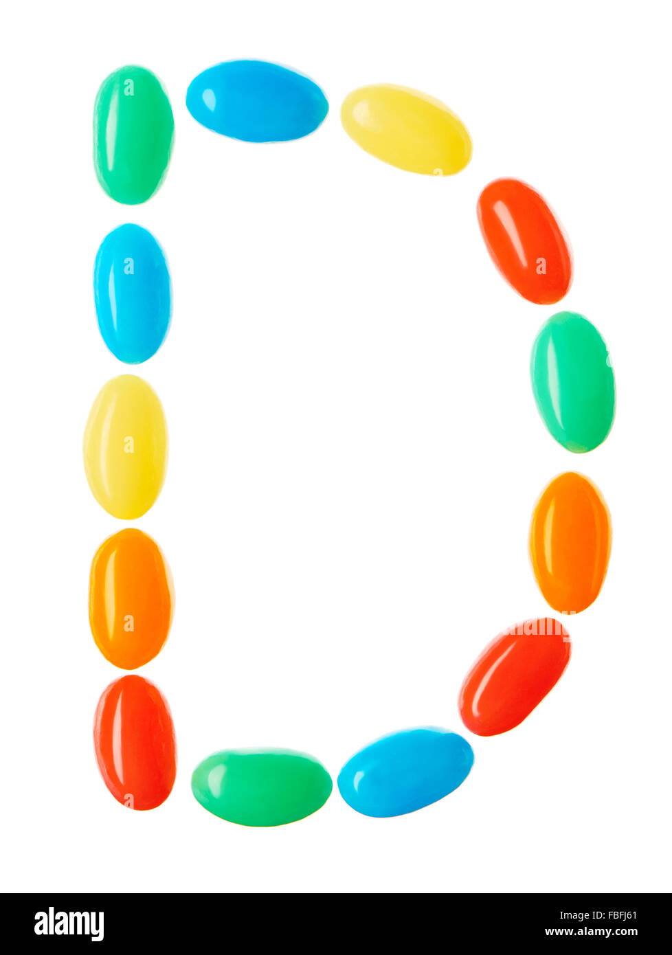 D letter made of multicolored candies isolated on white background ...