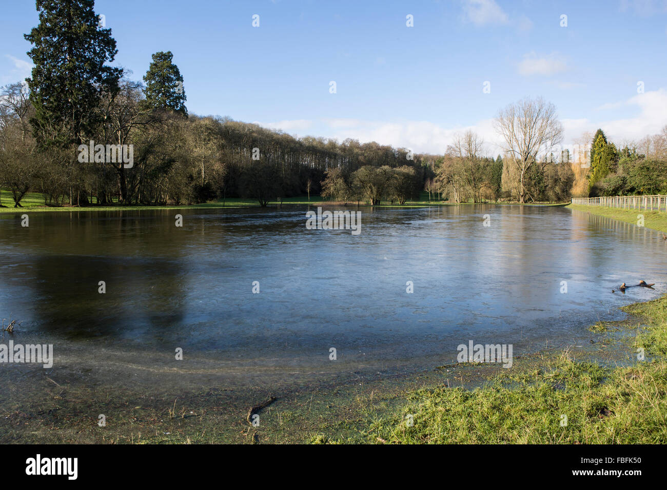 Frozen Flood Water, The river Coln in Quenington, Gloucestershire ...
