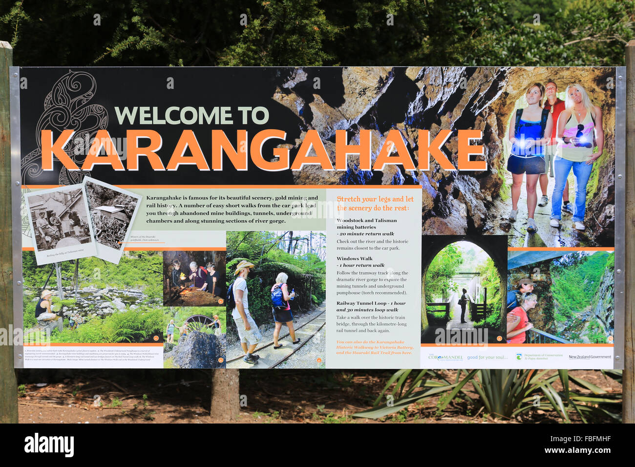 Welcome sign to Karangahake Gorge tourist attraction at Karangahake ...
