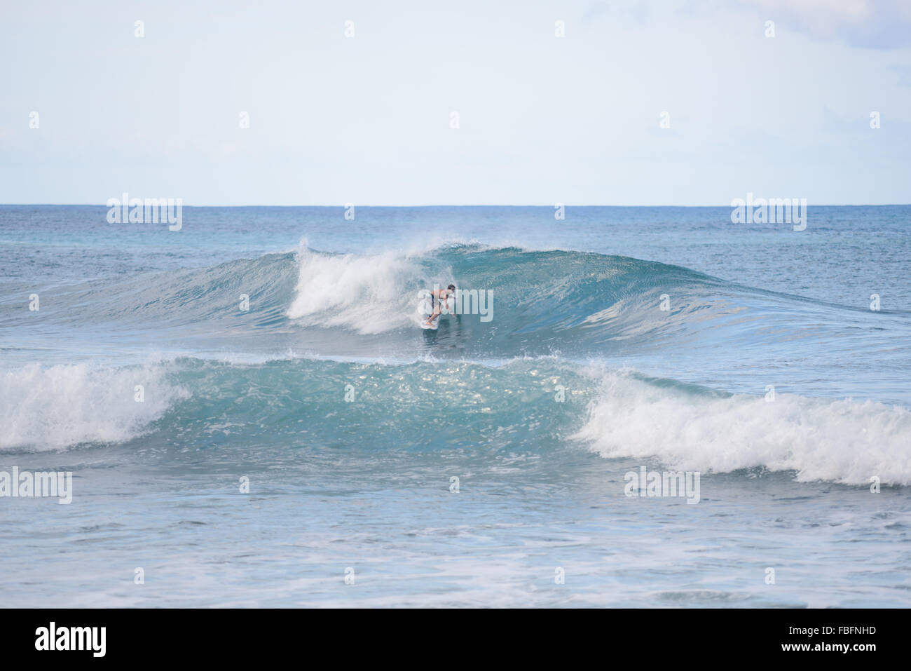 Surfer catching a wave at Dome's Beach. Rincon, Puerto Rico. USA ...