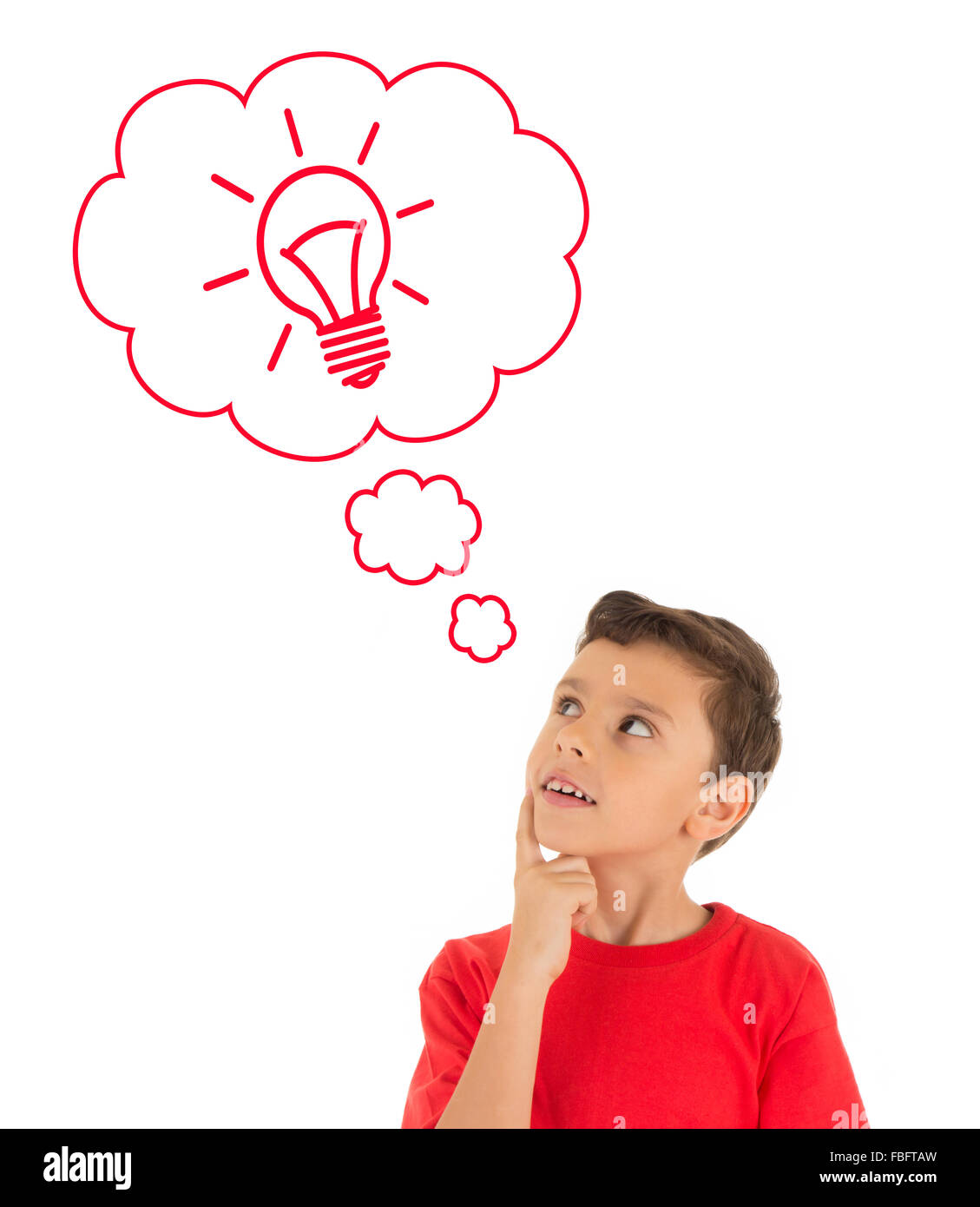 Boy thinking with light bulb in bubbles Stock Photo - Alamy
