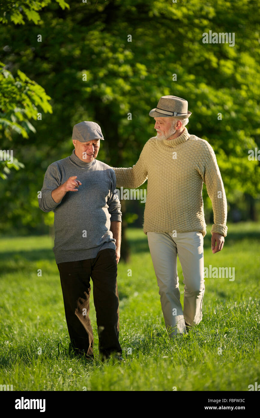 Two senior citizens, walk, nature, talking aboution, sunshine Stock ...
