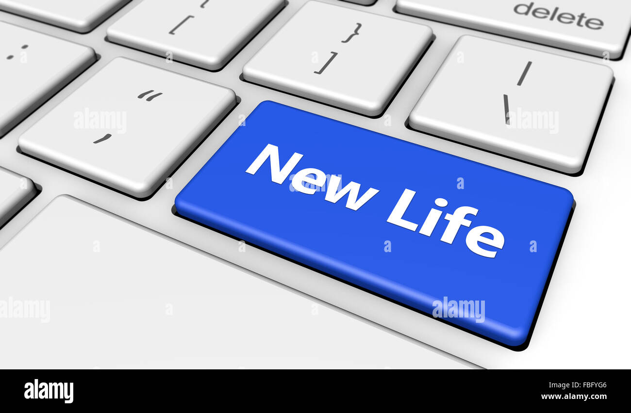 New lifestyle concept with new life word and sign printed on a blue ...
