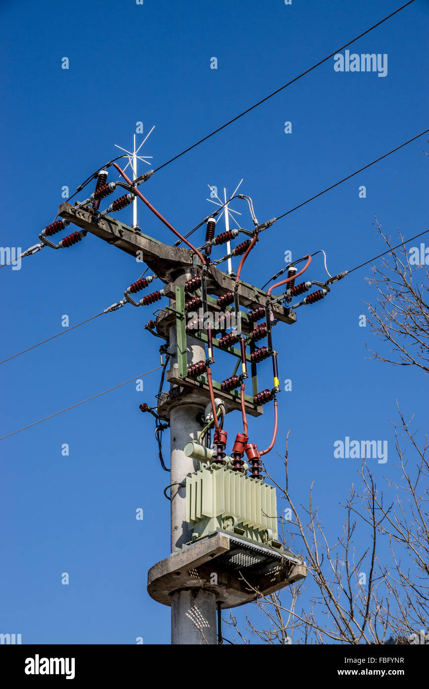 Power supply line with transformer, photo taken in Bavaria Stock Photo ...