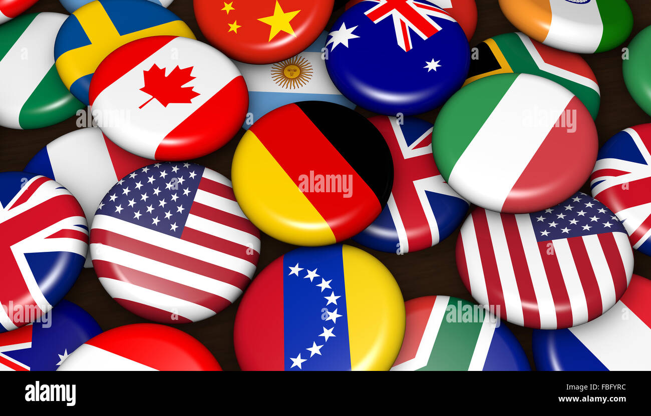 International world flags on scattered buttons badges 3d illustration ...