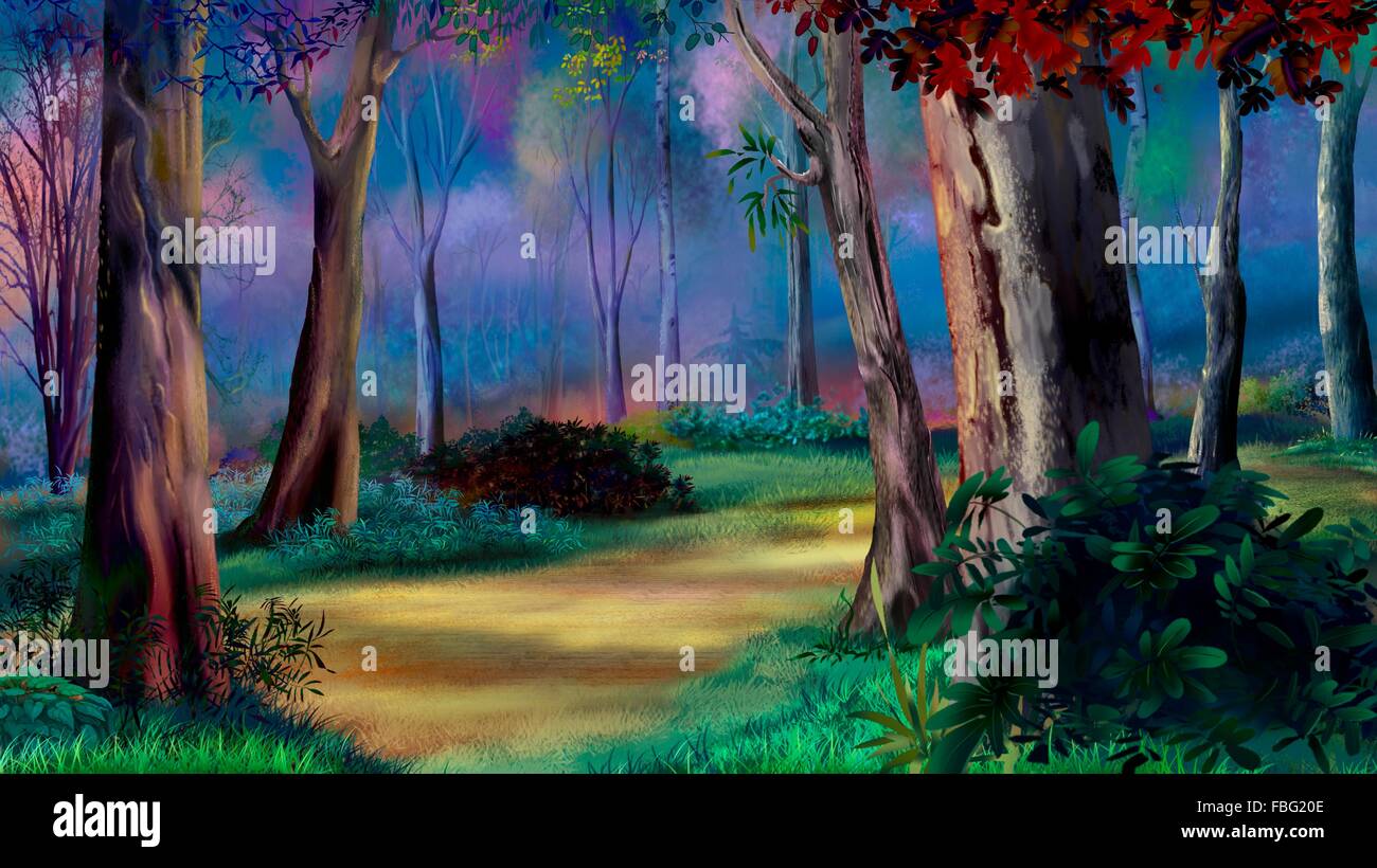 Magic forest on sunset Stock Photo - Alamy