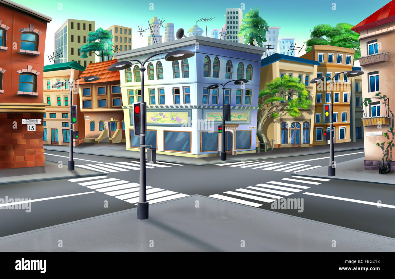 Cartoon city crossroads with traffic lights hi-res stock photography ...