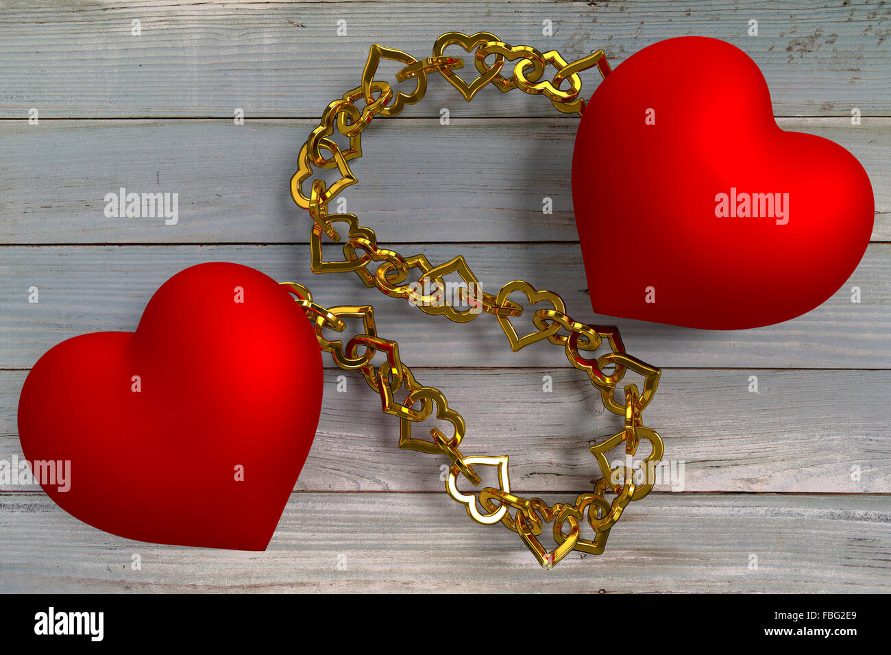 two rendered red hearts connected by golden chain Stock Photo - Alamy