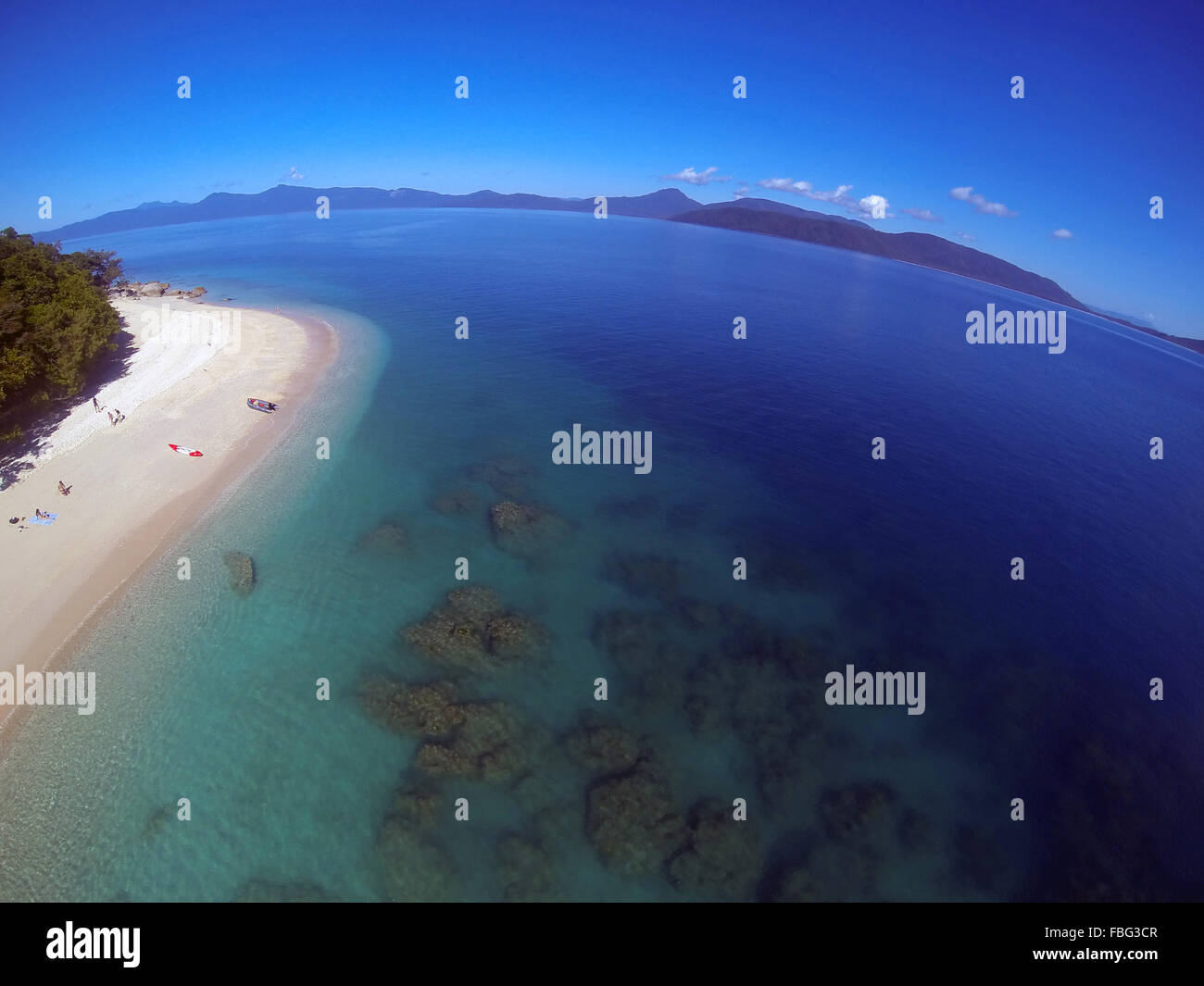 Aerial view of reefs and beach of Fitzroy Island on the Great Barrier ...