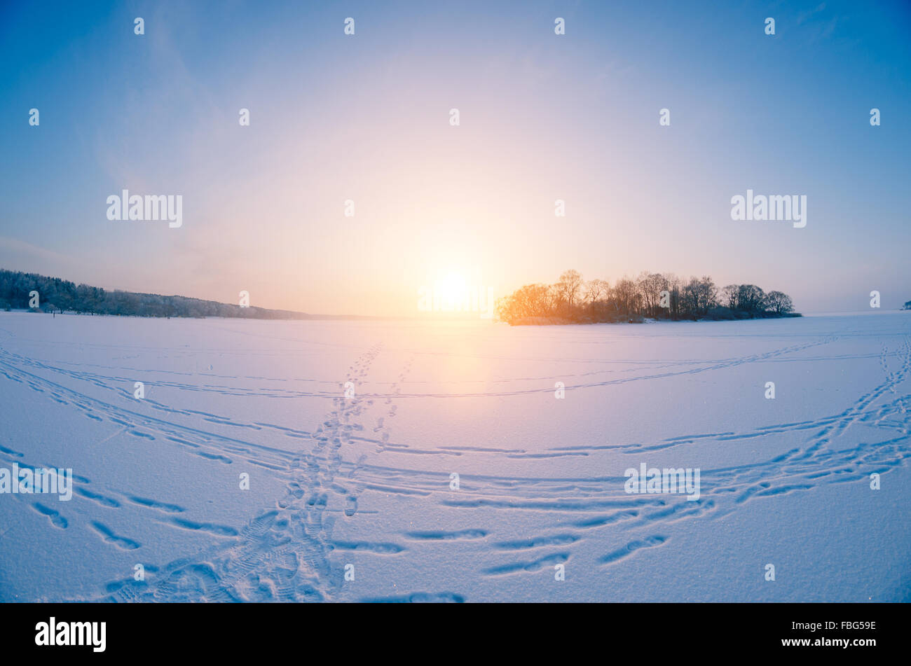 Frozen Lake In Snow Stock Photo - Alamy