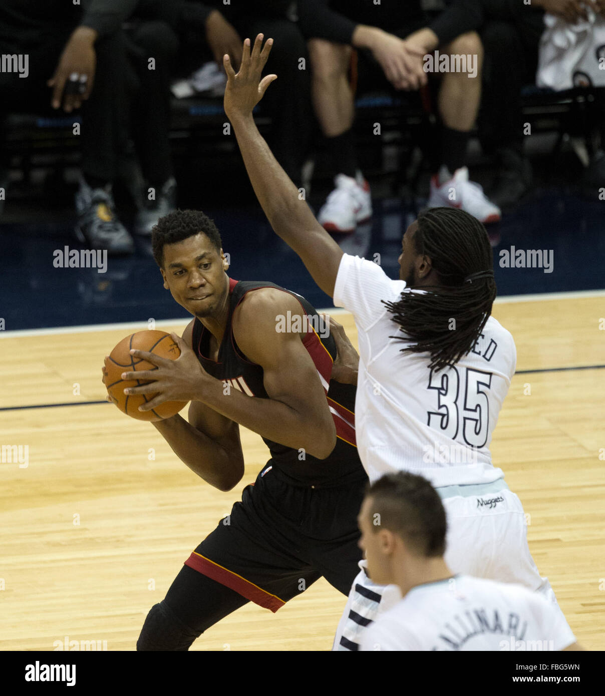Denver, Colorado, USA. 15th Jan, 2016. Heat's HASSAN WHITESIDE, left ...