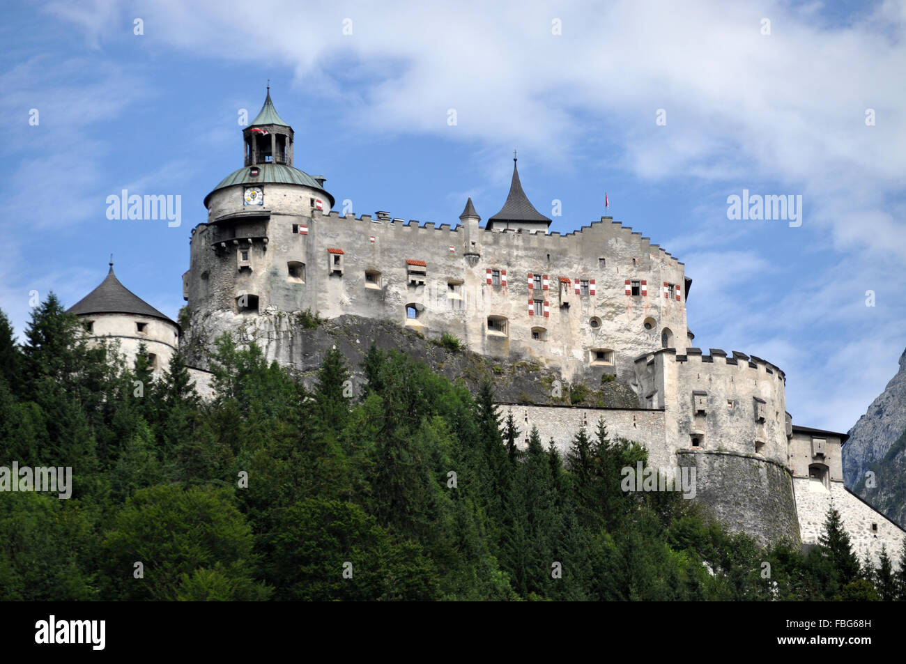 Hohenwerfen Castle stands high above the Austrian town of Werfen in the ...