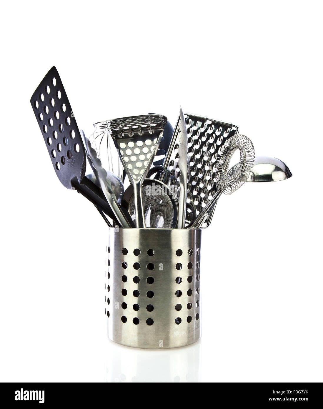 Collection of kitchen tools in container on white background Stock ...